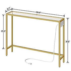 HOOBRO Gold Console Table, Tempered Glass Sofa Table, 39.4" Modern Entryway Table with USB Ports, for Entryway, Living Room, Foyer, Hallway GD01UXG01