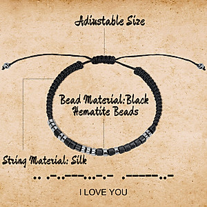 Morse Code Bracelets for Women Men, 2PCS I Love You String Adjustable Matching Bracelets Gifts for Couples Mom Daughter Best Friend Inspirational bracelets with Black Hematite Beads
