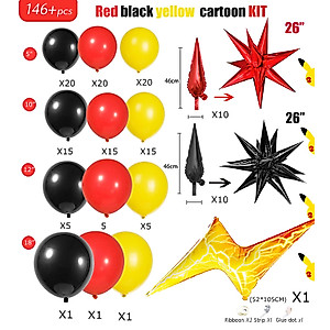 Red black yellow balloon garland kit 124pcs with large lightining Starburst mylar balloons for Carnival Cartoon theme Race Car Party Theme birthday decorations