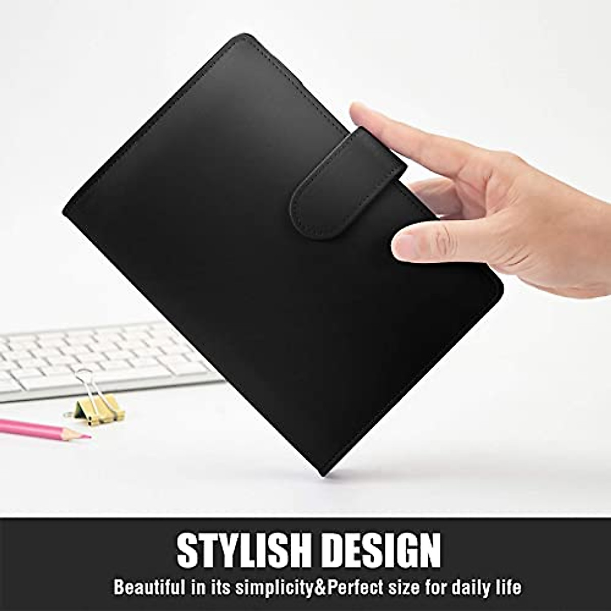 Sooez A6 Notebook Binder, 6 Ring Planner with Stylish Design, Loose Leaf Personal Organizer Binder Cover with Magnetic Buckle Closure, PU Leather Binder for Women with Macaron Colors (Black)
