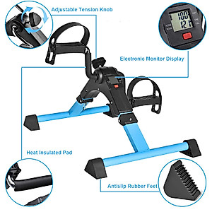 Under Desk Bike Pedal Exerciser with LCD Monitor Resistance and Resistance for Seniors, Stationary Foldable Mini Exercise Bike Pedals Peddler Exerciser for Arms and Legs for Office or Home (Blue)