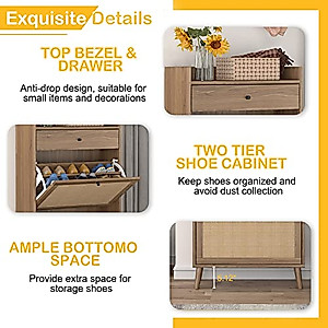 Pvillez Natural Rattan Shoe Cabinet with 2 Flip Drawers, Rattan Shoe Storage Cabinet Organizer with Wood Legs, Narrow Free Standing Shoe Rack for Entryway, Bedroom, Living Room, Apartment Walnut