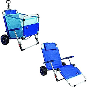 2-in-1 Beach Day Folding Lounge Chair & Cargo Cart Blue - Sunbathing Sun Chair with Lock Tanning Chair, Portable, Lightweight, Lounger for Patio Collapsible with All-Terrain Wheels