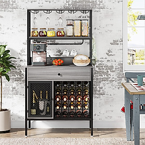 Tribesigns 64" Wine Rack, 5-Tier Wine Bar Cabinet with 6 Hooks, 32-Bottles Large Capacity Liquor Cabinet with Wine Bottle Holders, Wine Bar for Kitchen, Dining/Living Room, Wine Cellar, Retro Grey