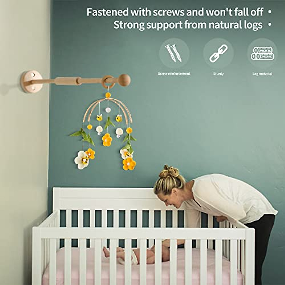 Wooden Mobile Arm Baby Mobile Hanger Screw Reinforced 21.6 Inch Crib Mobile Holder Wooden Mount Wall Bracket Baby Girl Nursery Decor (Without The Mobile)