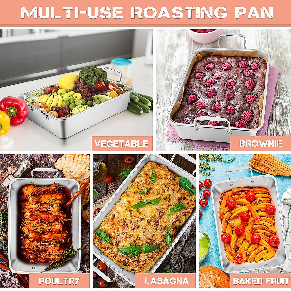 Leonyo Roasting Pan with V-shaped Rack, Stainless Steel Rectangular 16” Turkey Roaster Pan with Handles for Chicken Lasagna Vegetables Brownie, Non-stick Roasting Rack, Heavy Duty Dishwasher Safe