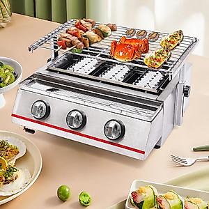 Commercial Gas LPG Grill, 3 Burners Smokeless Gas Grill with Separate Switch, Portable Barbecue Gas LPG Grill with Oil Catching Pan & Food Pan, BBQ Gas Grill for Indoor, Outdoor