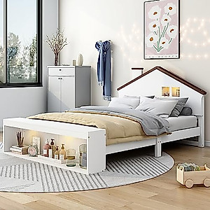 Tensun Full Size House Platform Bed with Storage, Wood Bed Frame with Headboard & Footboard LED Lights, for Kids Teens Adults,No Box Spring Needed, White
