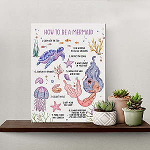 OEWD Nursery How to Be A Mermaid Canvas Wall Art Poster Print, Baby Girl Mermaid Painting Ready to Hang Girl Kids Nursery Bedroom Playroom Decor Gift (11.5" x 15")
