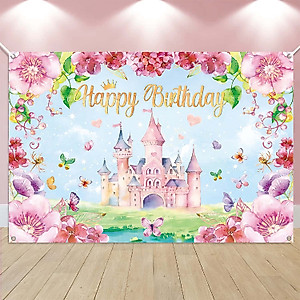 LDWLYW Princess Birthday Backdrop for Girls Happy Birthday Princess Castle Butterfly Backdrop Banner for Birthday Party Decorations Princess Theme Party Photo Backdrop Background Decor 7x5ft