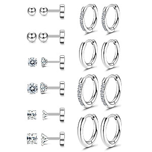 LOYALLOOK 10Pairs Surgical Steel Earrings Sets for Multiple Piercing Lightweight Small Sleeper Huggie Hoop Earrings Tiny Ball CZ Flatback Stud Earrings for Cartilage Helix Lobe Hypoallergenic