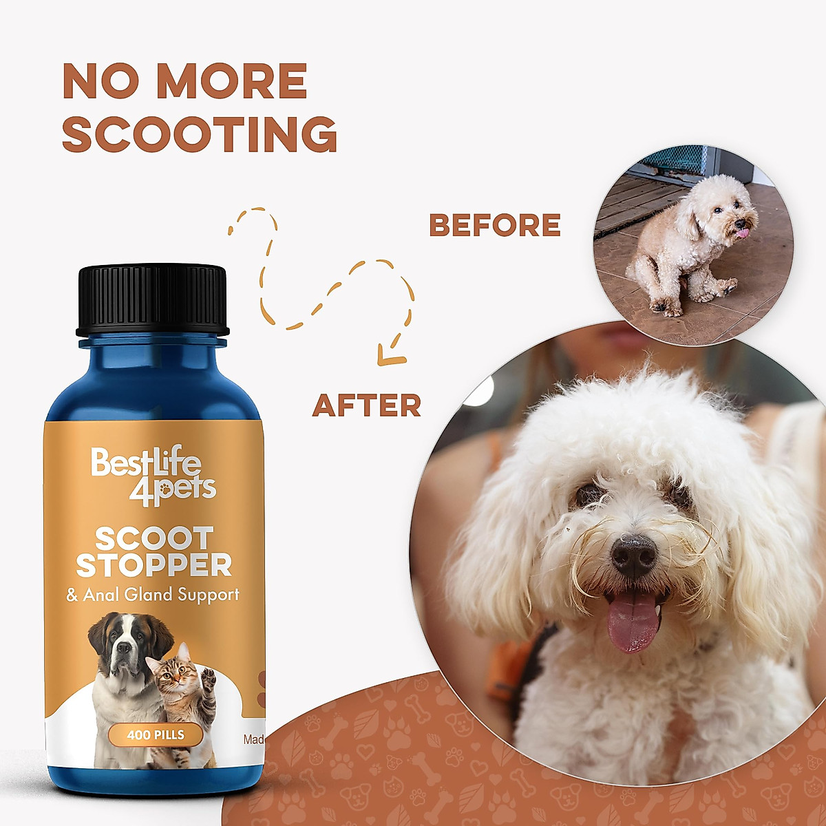 Scoot Stopper and Anal Gland Support for Dogs and Cats - 100% Natural Relief for Dog and Cat Constipation, Rectal Prolapse, Itching, Inflammation, Bum Scooting and Difficult Pooping - 400 Small Pills