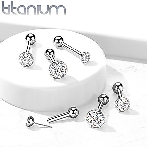 Dynamique Implant Grade Titanium Threadless Push In Cartilage Barbell With CZ Bezel Set Ball Top (Sold Per Piece)
