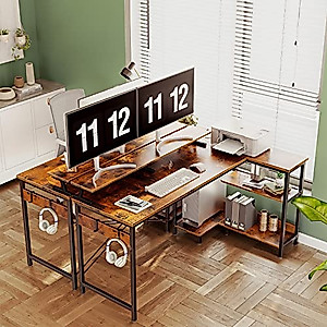 ODK Small L Shaped Desk, 58 inch Corner Desk with Reversible Storage Shelves, Computer Desk with Monitor Shelf and PC Stand for Home Office, Gaming Desk with Headphone Hooks, Rustic Brown