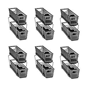 Madesmart 2-Tier Plastic Mini Multipurpose Organizer with Divided Slide-Out Storage Bins, Compact Under Sink and Cabinet Organizer Rack, Carbon, Pack of 6