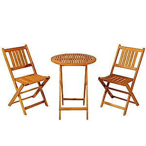 Outsunny 3-Piece Acacia Wood Bistro Set, Folding Patio Furniture with 2 Folding Chairs and Round Coffee Table, Teak, Slatted Finish, for Backyard, Balcony, Deck, Natural