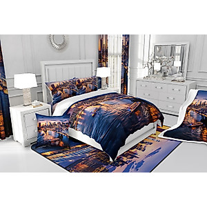 New York City Bedding Set Cityscape Duvet Cover King Size,Manhattan Skyline Comforter Cover Bridge Sunset Scenery Quilt Cover City Lights Bedroom Decor for Boys Girls Youth