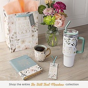 Christian Art Gifts Extra Large Stainless Steel Double Wall Vacuum Insulated Travel Tumbler for Women: Be Still Inspirational Scripture, Lid, Reusable Straw, Wide Handle, White & Teal Floral, 40 oz.