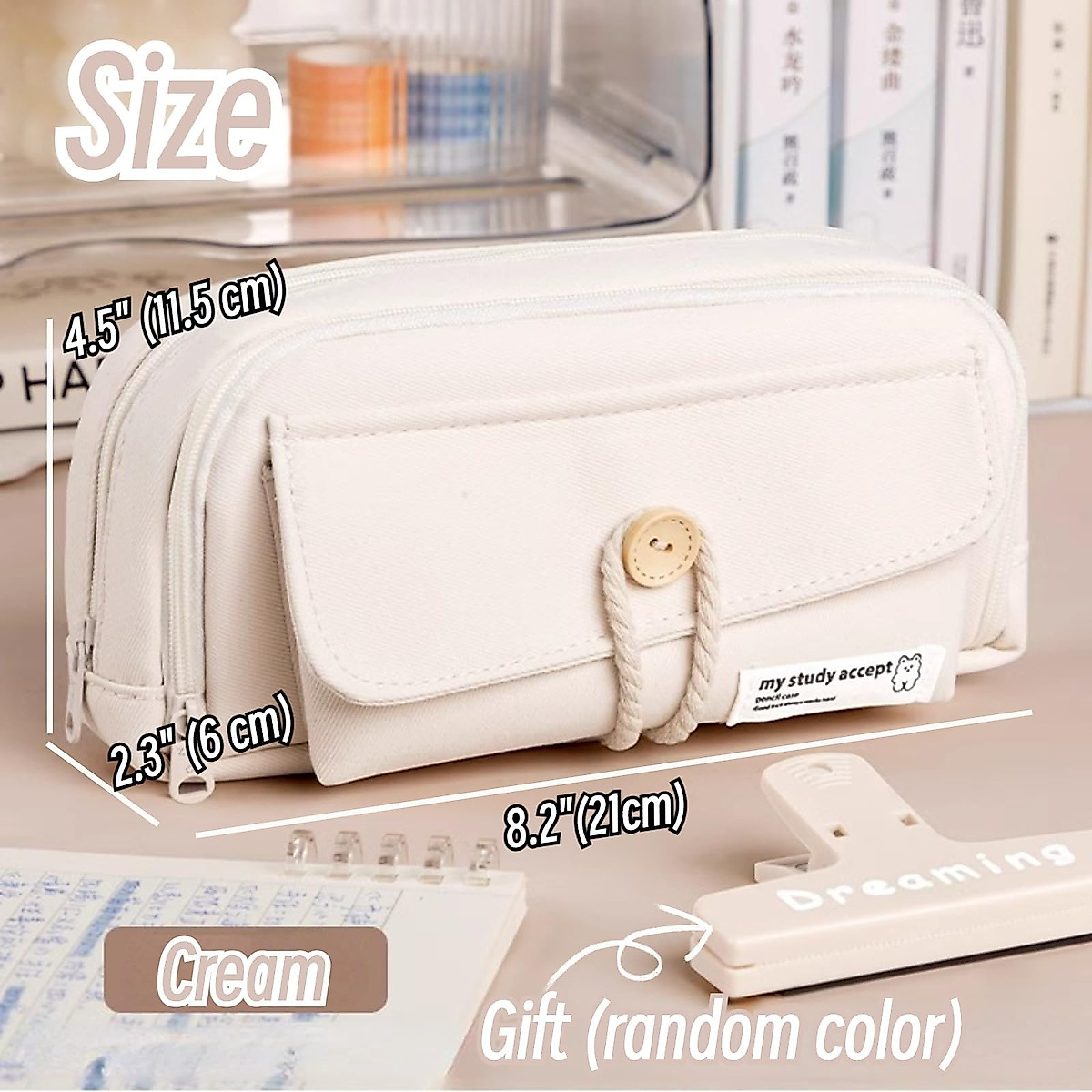 Ecqizer Large Pencil Case for Adults Aesthetic Cute Pencil Pouch With Zipper Preppy Pen Bag for SchooGirl, Travel Toiletry Cosmetic Makeup Bag Women (Cream)
