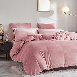 YASMENG Fluffy Velvet Duvet Cover Set Blush Pink Queen Size Fall Winter Soft Warm Flannel Comforter Cover Girls Pink 90" x 90" Luxury Cozy Plush Fleece Reversible Bedding Duvet Cover Set Pale Pink