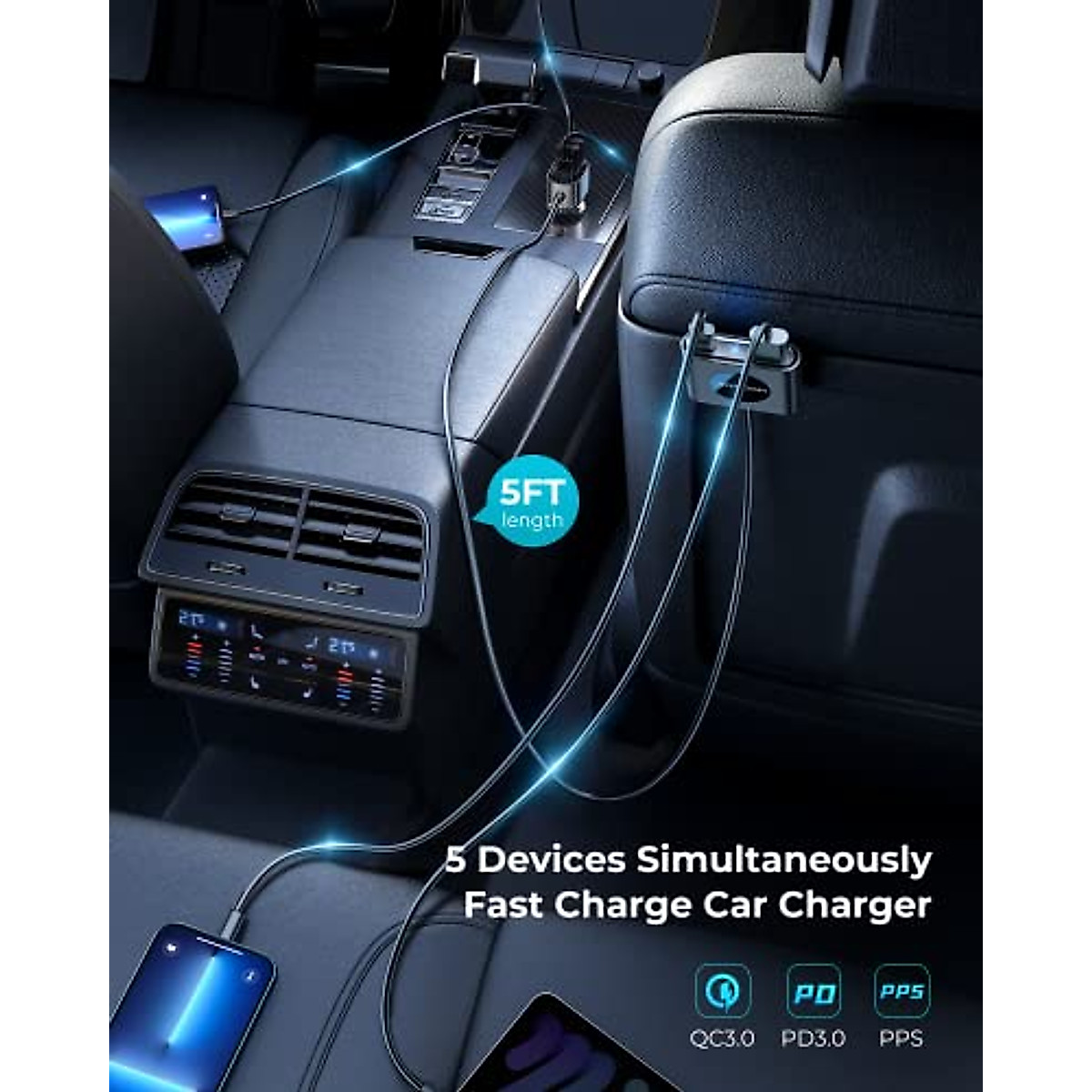 USB C Car Charger, 78W JOYROOM Fast Car Charger 5 Multi Port Cigarette Lighter USB Adapter, PD3.0&PPS Double Type C Adapter, QC3.0 Car Cell Phone Charger Fast Charge for iPhone 14/13 Samsung Android