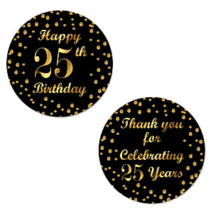 25th Birthday Round 2 Inch Big Glossy Stickers, Thank You for Celebrating 25 Years Black and Gold Labels, Great for Party Favors, Decorations, Tags, Gift Bags and Supplies. Made in USA