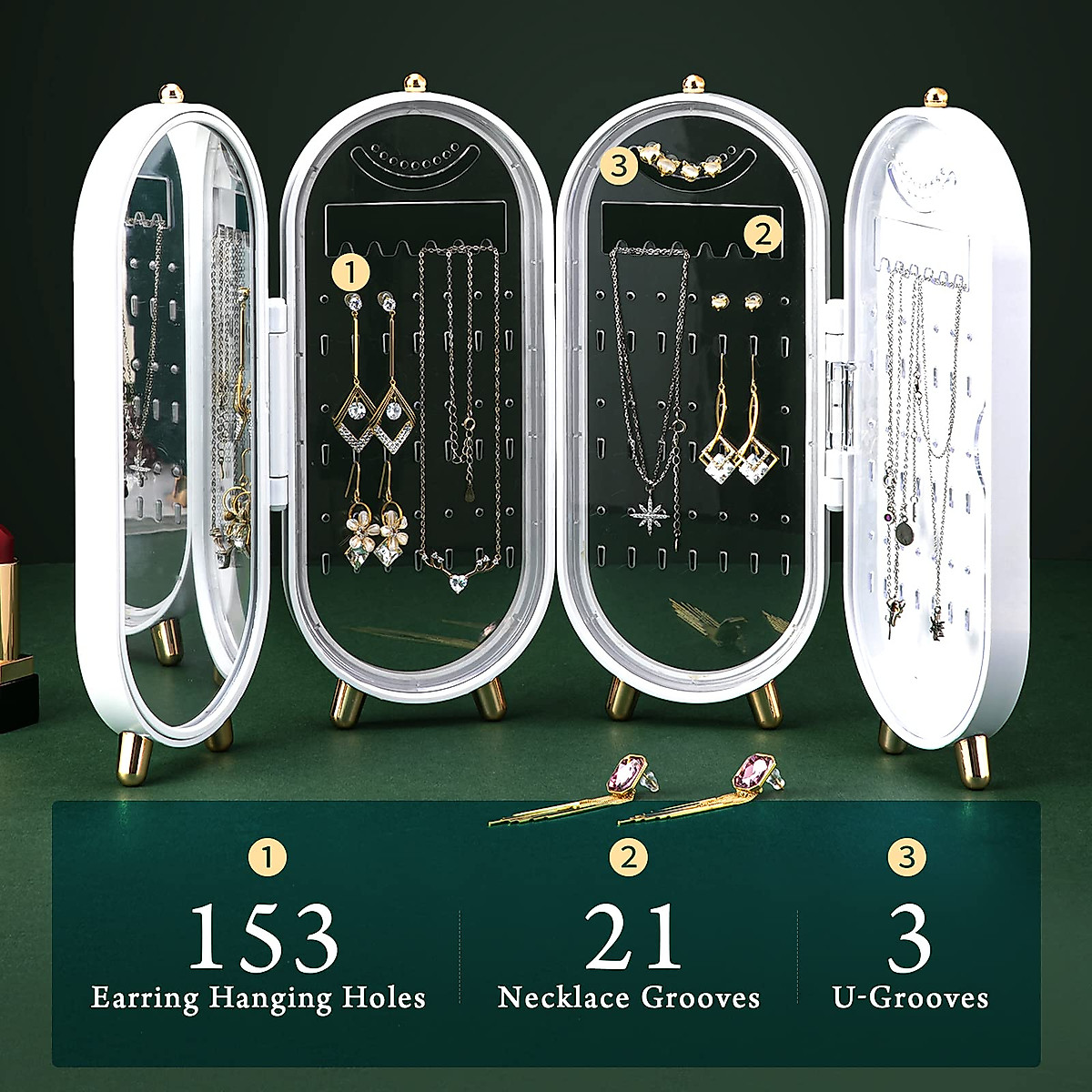 MUGFILWJ Earring Holder Stand for Women Foldable Acrylic Jewelry Display Stand Box Jewelry organizer with mirror necklace organizer Suitable for Storing Drop Earrings,Necklaces,Rings,Diamonds(white)