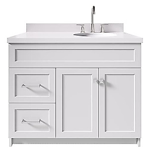 ARIEL Hamlet 43 Inch White Bathroom Vanity with Sink, 1.5" Edge Quartz Countertop, Solid Wood, Right Oval Sink, 2 Soft-Closing Doors & 2 Full Extension Drawers, Toe Kick