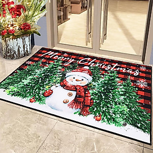 SHACOS Christmas Doormat Washable Non-Slip Christmas Red and Black Plaid and Snowman Doormats, Winter Xmas Tree Low Profile Entrance Floor Mat Merry Christmas Decorations for Home, 32"x48"