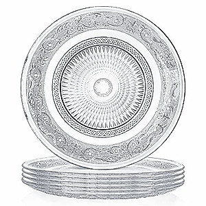 Elsjoy Set of 6 Glass Dinner Plate, 10 Inch Large Serving Plate Round Clear Glass Plate, Vintage Embossed Dinnerware for Pasta, Salad, Home Wedding Decor