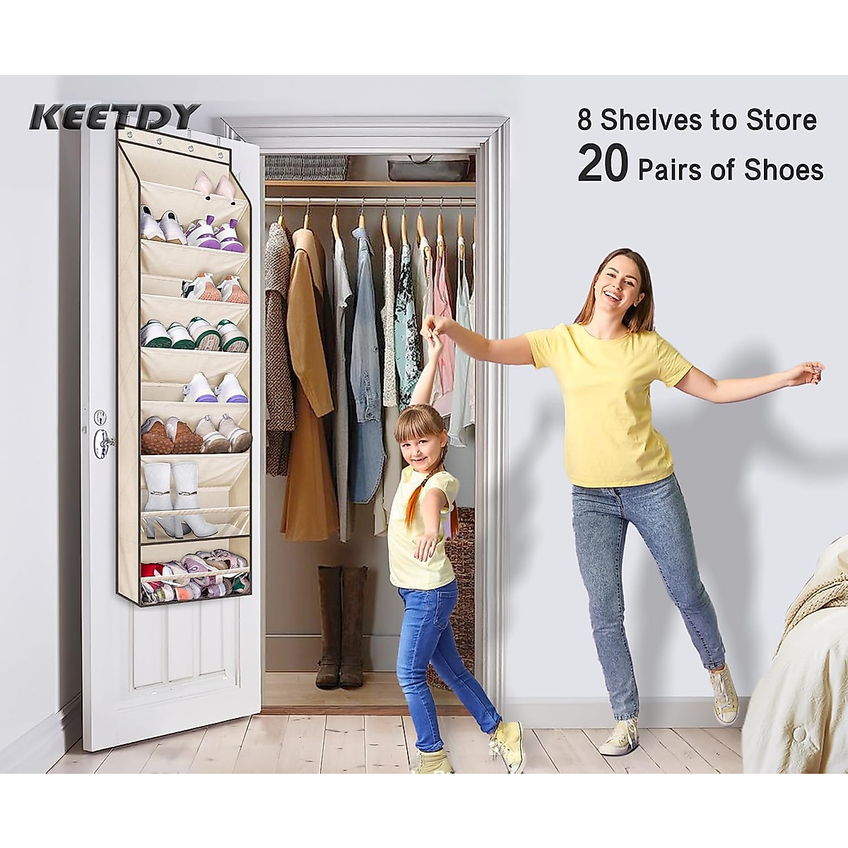 KEETDY Over The Door Shoe Organizer Fit 20 Pairs Sneakers Large Hanging Shoe Organizer for Closet Door Storage Boots, Beige