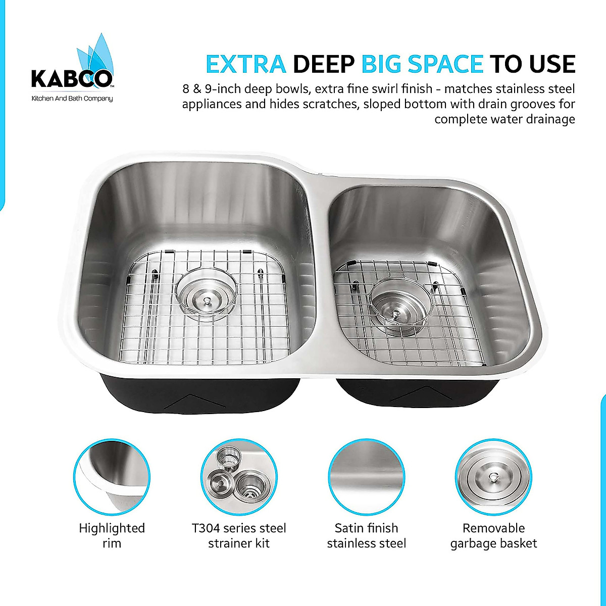 KABCO 32 Inch Double Unequal Bowl Classic Kitchen Sink with Sink Strainers, Sink Grids, Rolling Up Grid and a Removable Garbage Basket 16 Gauge Undermount Rust, Sound and Heatproof