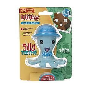 Nuby Silly Silicone Octopus Teethe with Soothing Massaging Bristles For Sore Gums, Yellow/Blue