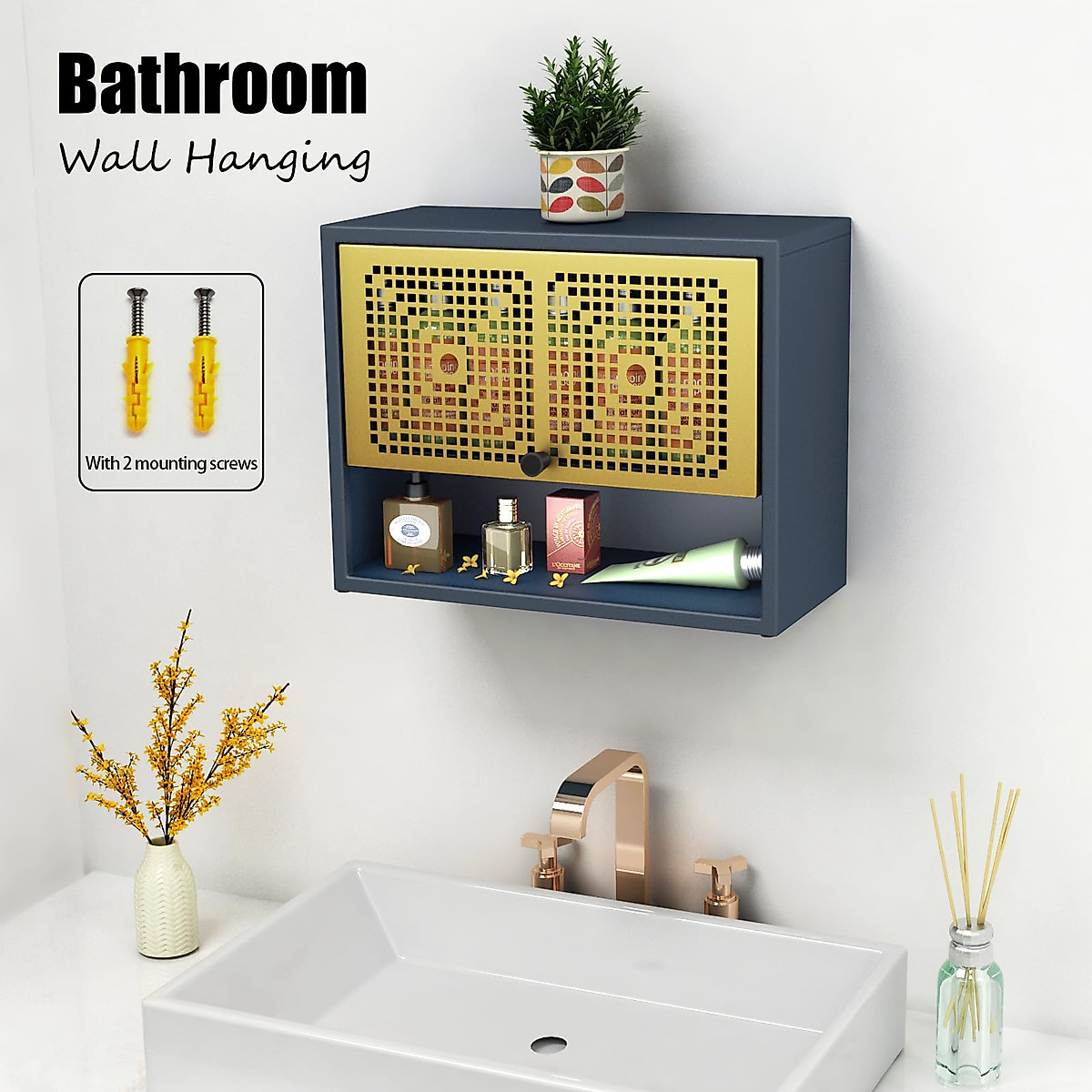 MIAO'ER 2-Tier Wall Cabinet, Bathroom Cabinet, Medicine Cabinet, Kitchen Cabinet, Punch Pattern Magnetic Suction Metal Door, Durable, RustProof, Used for Space Saving & Organizing, Grey&Gold