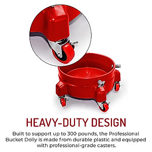 Heavy Duty Car Wash Bucket Dolly with Wheels | 360° Rolling Caddy for 3.5 to 7 Gallon Buckets | Soap Holder, Pail Stand | Supports Up to 300 lbs (Red)