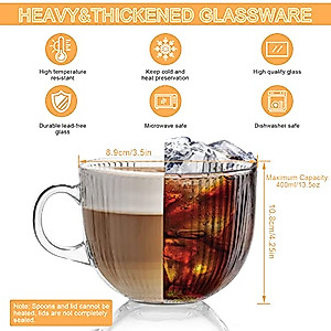 OULOVECO Glass Cereal Bowl Clear Oatmeal Bowl with Handle Spoon,Glass Coffee Mug with Lids Milk Breakfast Bowls Yogurt Bowl for Latte Tea Microwave Safe,400ml/13.5 oz,Set of 2