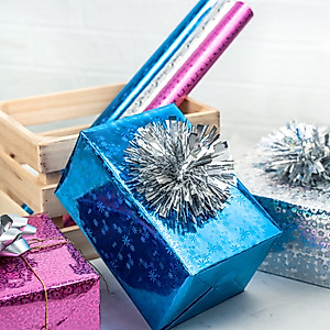 LeZakaa Holographic Foil Wrapping Paper - Mini Roll - Pink Heart/Blue and Silver Flower Design for Birthday, Wedding, Bridal Shower - 17 x 120 inches - 3 Rolls (42.5 sq.ft.ttl.)