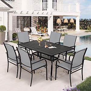SUNCROWN 7 - Piece Outdoor Dining Set, Patio Furniture Set with 6 x Textilene Dinning Chairs and 1 Steel Slat Metal Bistro Table for Lawn Garden Backyard Deck, Grey