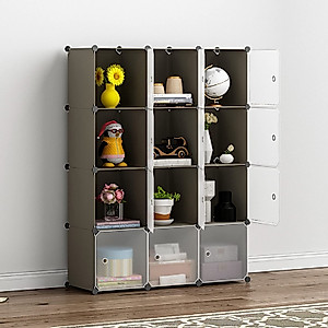 Aeitc Cube Storage Organizer 12-Cube (13.8"x13.8") Clothes Organizer Closet Storage Shelves Plastic Storage Shelving for Bedroom, Living Room, Office, Brown with Transparent Doors