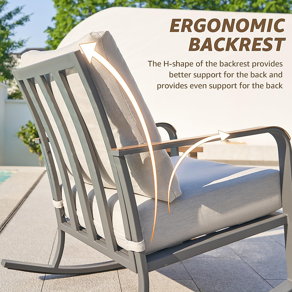 NATURAL EXPRESSIONS Glider Rocking Chair Bistro Set, 3 Pieces Outdoor Patio Furniture Conversation Set with 2 Rocker Chairs, 1 Table and Thick Cushions for Backyard, Porch, Balcony, 350lbs, Grey.