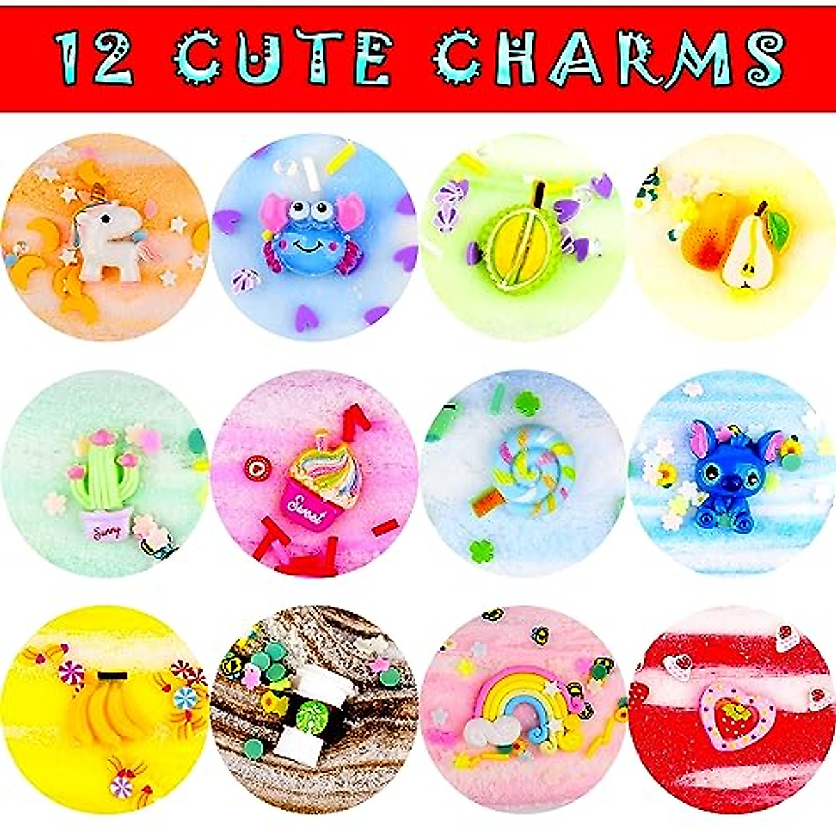12 Pack Cloud Slime Kit, with 12 Colores Fluffy Slime Kit and Slime Fun Accessories, Soft and Non-Sticky, DIY Educational Stress Relief Toys for Girl and Boys, Birthday Gift