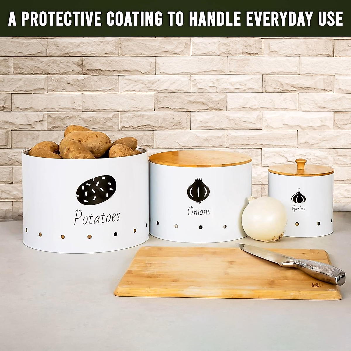 Potato and Onion Storage Bin with Wooden Lid – Set of 3 Garlic, Onion, And Potato Storage for Pantry - Potato Onion Kitchen Storage Canisters – Aerating Tin Storage Holes Keeps Vegetable Fresh
