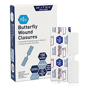 MED PRIDE Butterfly Wound Closures [Pack of 100 Butterfly Stitch Bandages]- Sterile Wound Closure Strips with Non-Stick Pad & Hypoallergenic Adhesive- Rubber/Latex Free for Cuts & Injuries