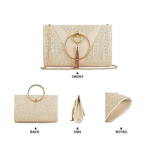 JURLEA Women Evening Bag Tassels Clutch Bag Glitter Clutch Purse Wedding Party Straw Clutch with Chain (White - Straw)