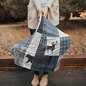 Car Seat Canopy Nursy Cover, Retro Countryside Bear Moose Woods Multi Use Breastfeeding Scarf for Infant Carseat Canopy, Stroller, Shopping Cart, Highchair Grey Blue Plaid