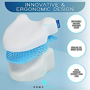 SelectSoma Knee Pillow for Side Sleepers with Cooling Memory Foam Gel Cover - Leg Cushion for Pain Relief in Sciatica, Back, HIPS, Knees, and Joints - Body Positioner for Maternity, Rest, and Sleep