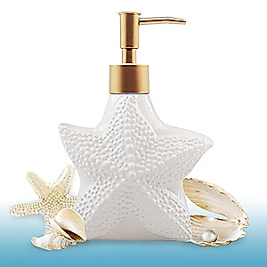 Starfish-Shaped Soap Dispenser, White Ceramic Lotion Bottle with Noble Golden Matte Pump, Ocean Themed Décor for Kitchen Sink or Bathroom