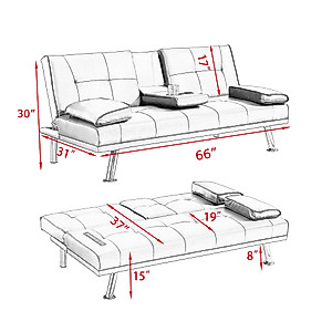 OUUI Futon Sofa Bed Modern Faux Leather Couch, Convertible Folding Futon Couch Recliner Lounge for Living Room with 2 Cup Holders with Armrest (Leather, Grey)