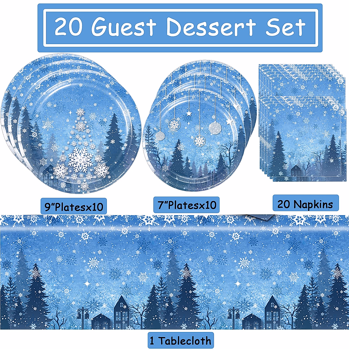 DragzwS Winter Snowflake Paper Dessert Plates Set, Kids Frozen Birthday Party Supplies Plates Snowflake Decorations 20 Guest Paper Dinner Plates, Napkins, Tablecover Snow Princess Party Decorations