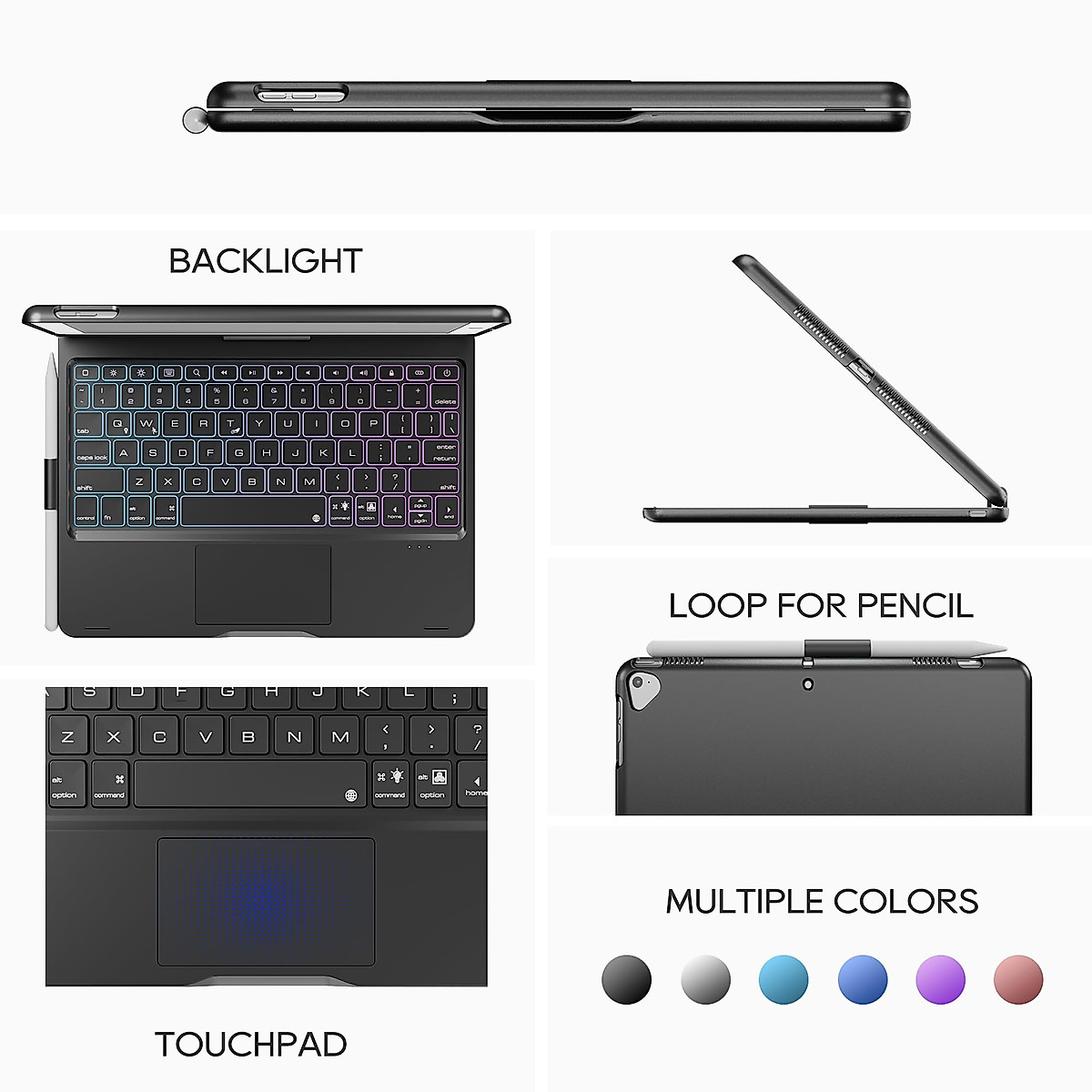 edaiser Swivel Keyboard Case for iPad 10.2 inch 9th 8th 7th, iPad Air 3rd and iPad Pro 10.5 2nd Generation: Wireless Rotatable Cover, Pencil Holder, Smart Trackpad, RGB Backlit, Black